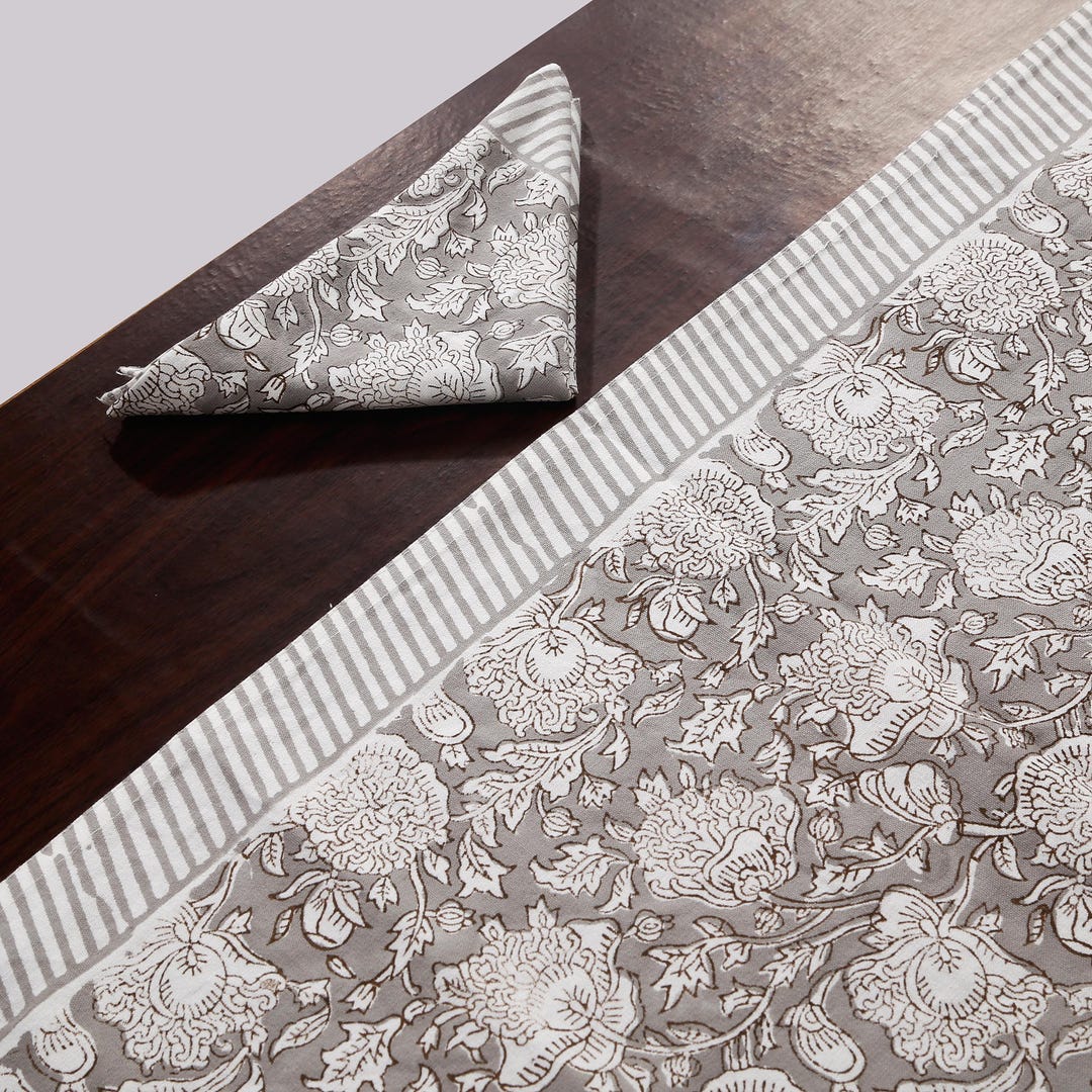 Hand Block Print Grey Color Cotton Rectangular Tabler Runner Napkins ...