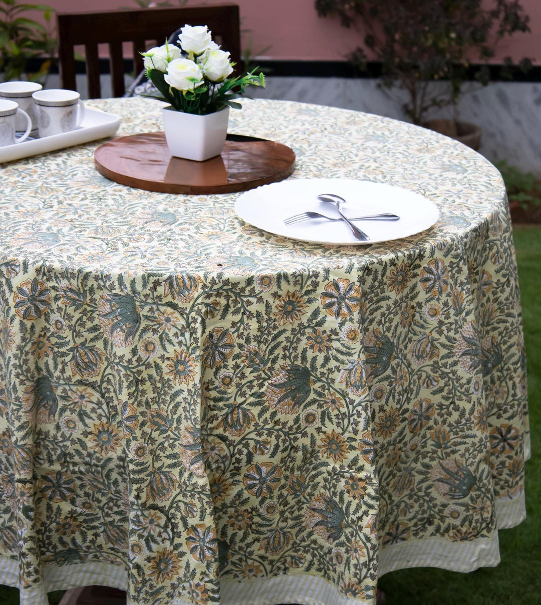 Indian Handblock Print Round Table Cover Pure Cotton Floral Designer ...