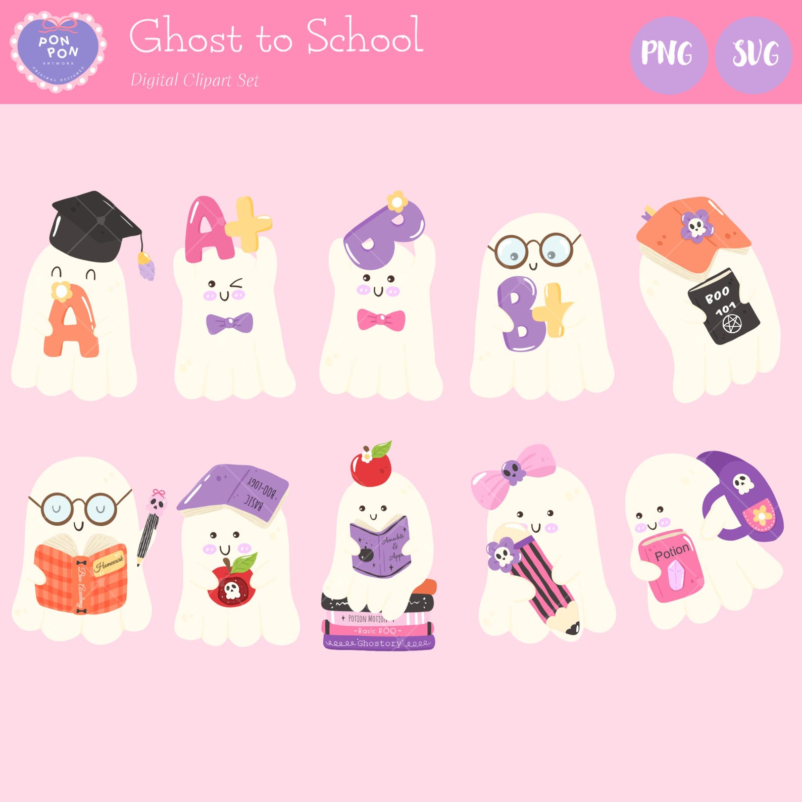 School Ghosts Clipart Set | Halloween PNG SVG, Classroom Decor (digital ...
