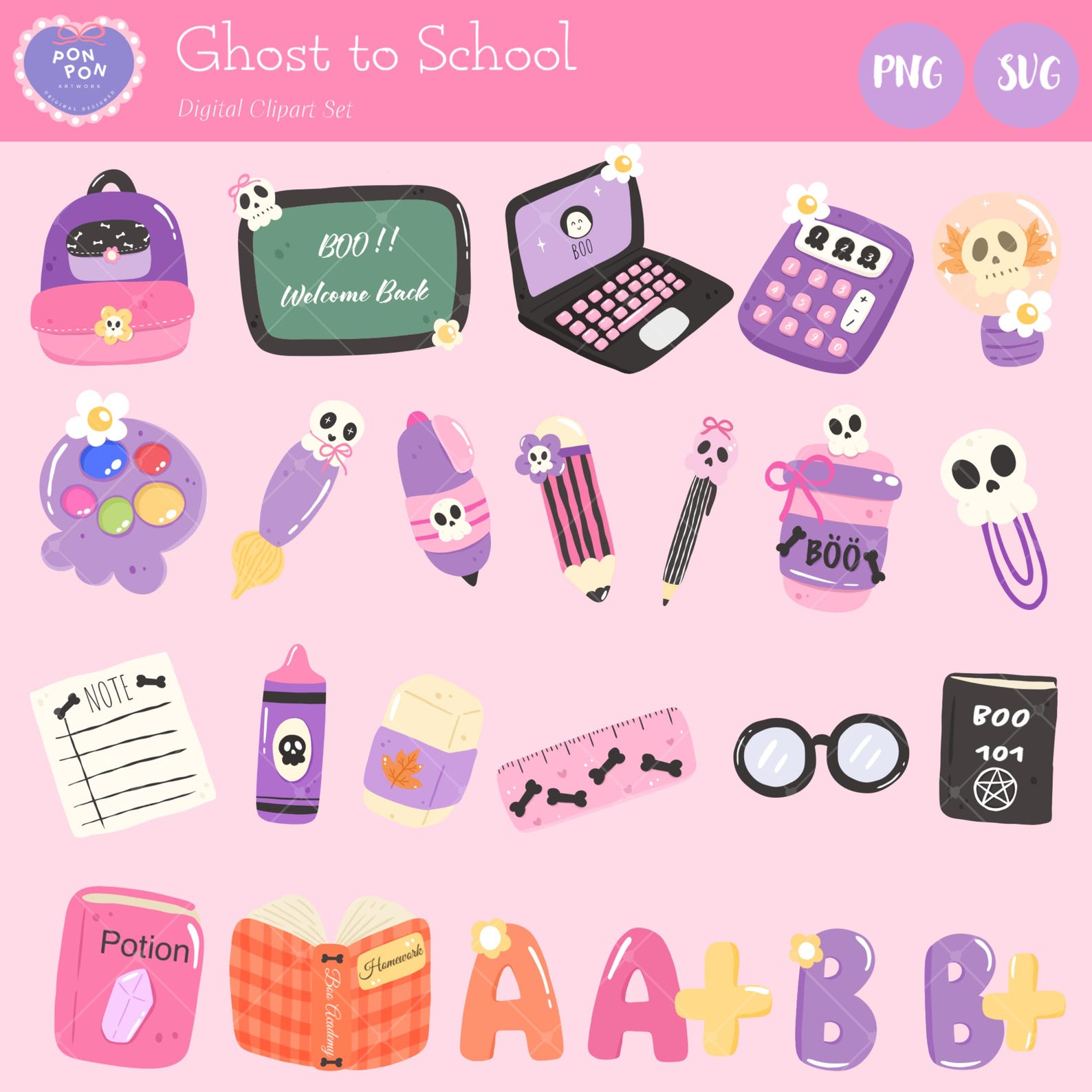 School Ghosts Clipart Set | Halloween PNG SVG, Classroom Decor (digital ...