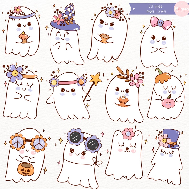 Groovy Halloween Clipart: Retro Ghost PNG, Hippie Flower (digital ...
