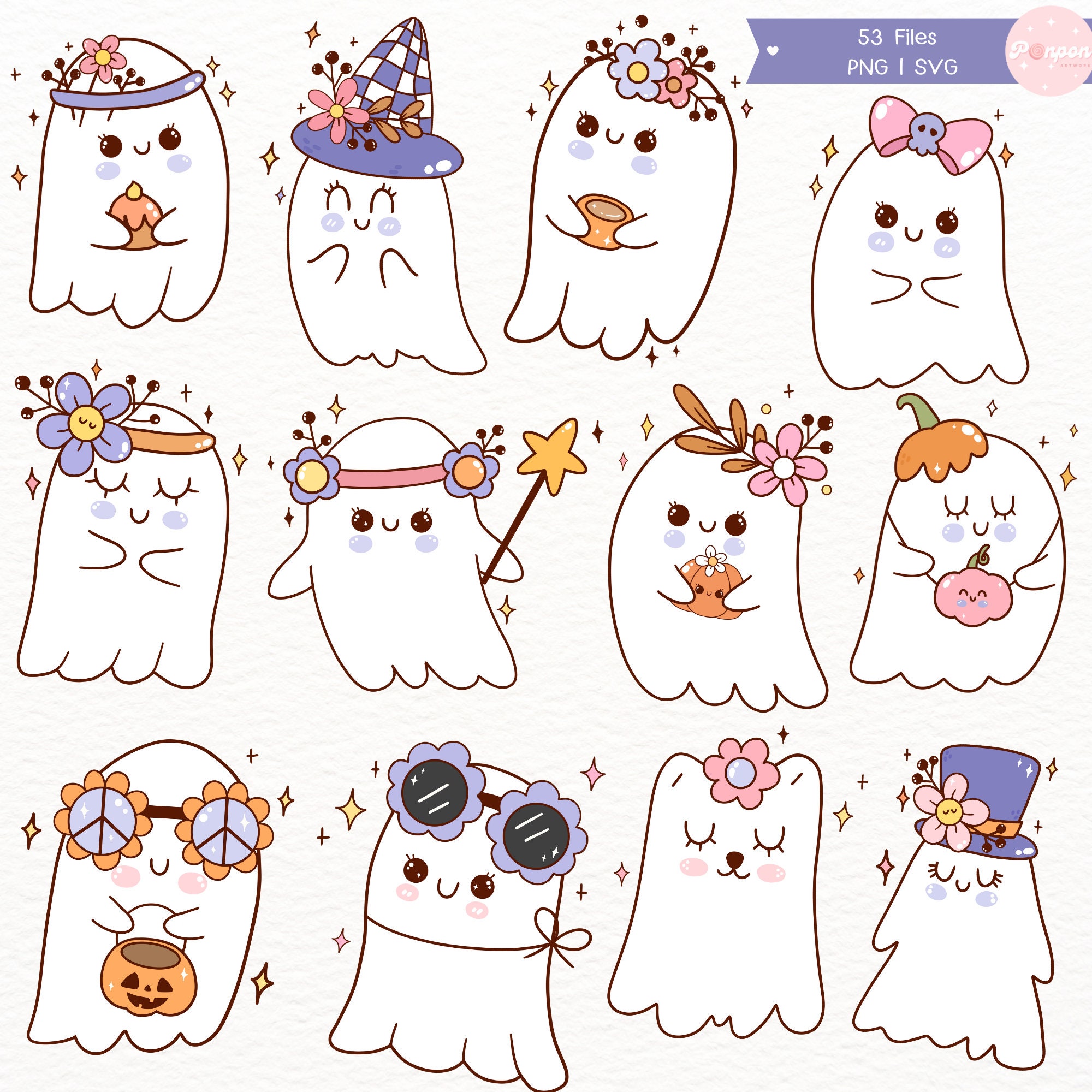 Groovy Halloween Clipart: Retro Ghost PNG, Hippie Flower (digital ...