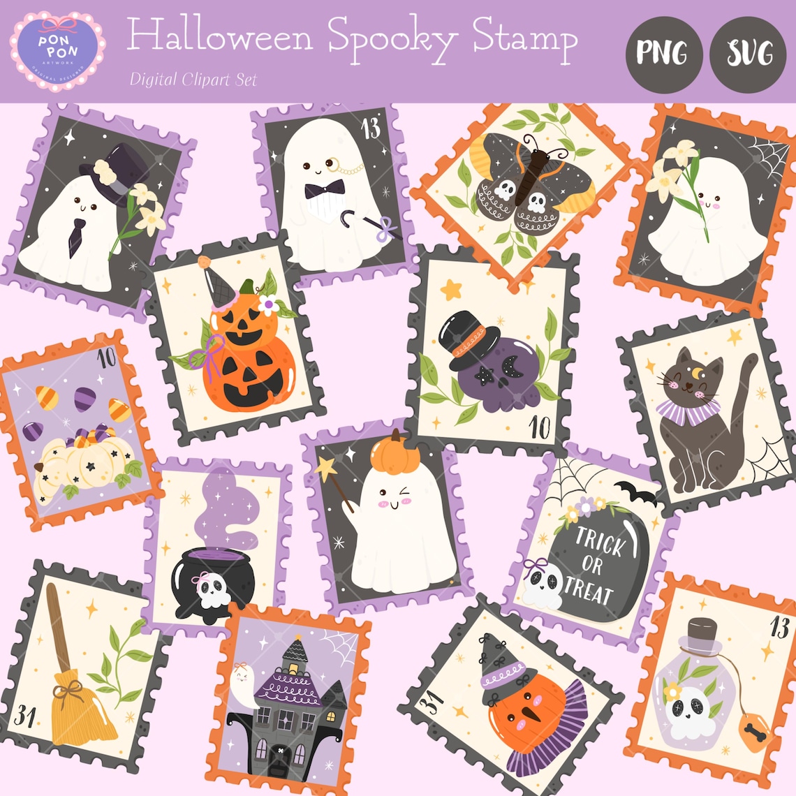 Halloween Clipart Stamps | Ghost, Pumpkin PNG SVG (digital Download - Etsy