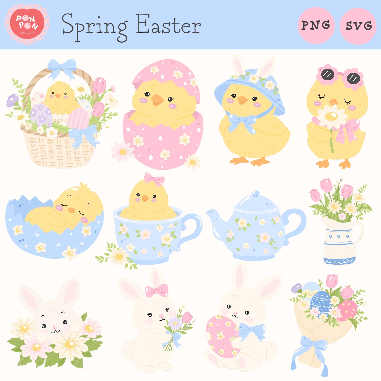 Pastel Spring Easter Clipart - Chick & Bunny Clipart PNG - Etsy