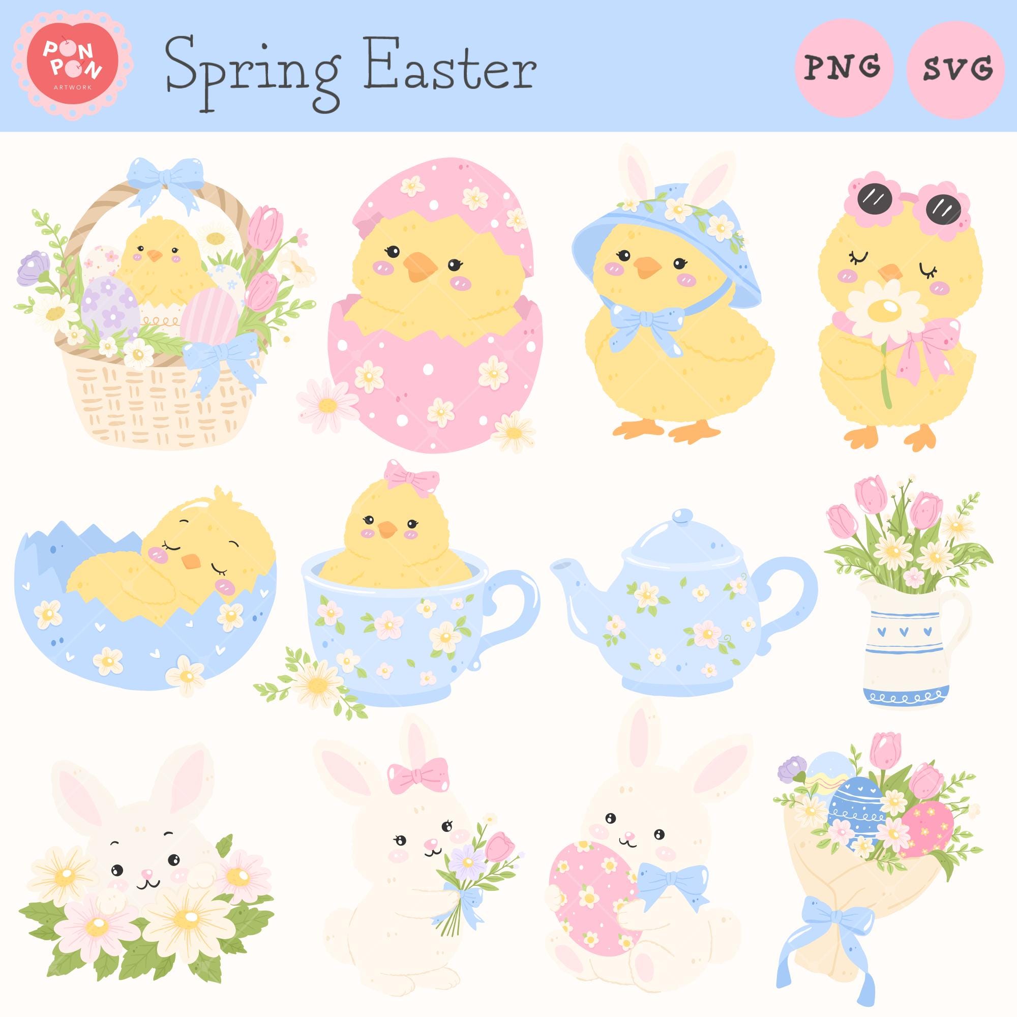 Pastel Spring Easter Clipart - Chick & Bunny Clipart PNG - Etsy