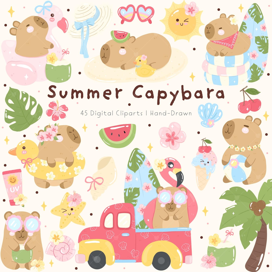 Summer Capybara Clipart, Summer Clipart, Kawaii Capybara Png Svg, Funny ...