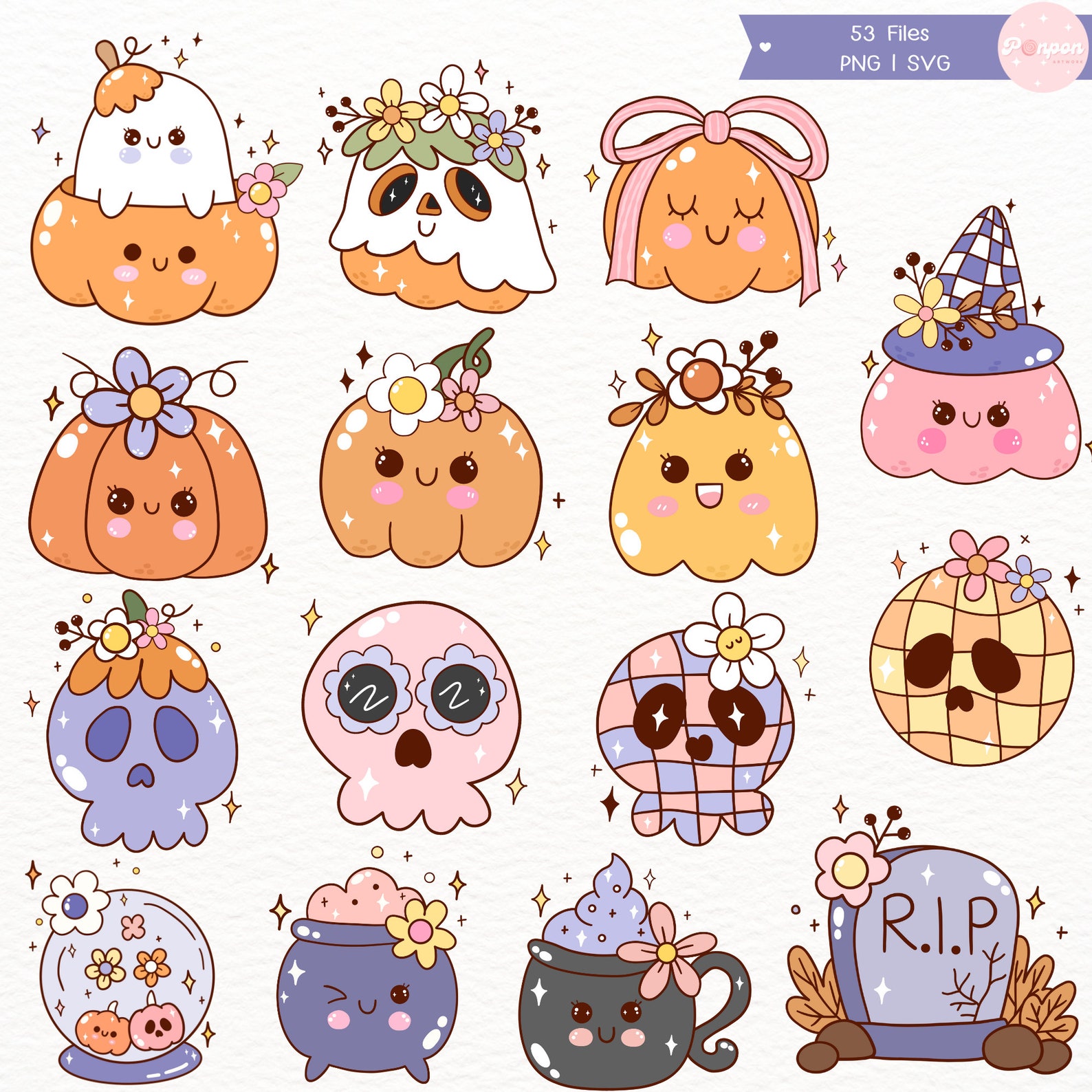 Groovy Halloween Clipart: Retro Ghost PNG, Hippie Flower (digital ...