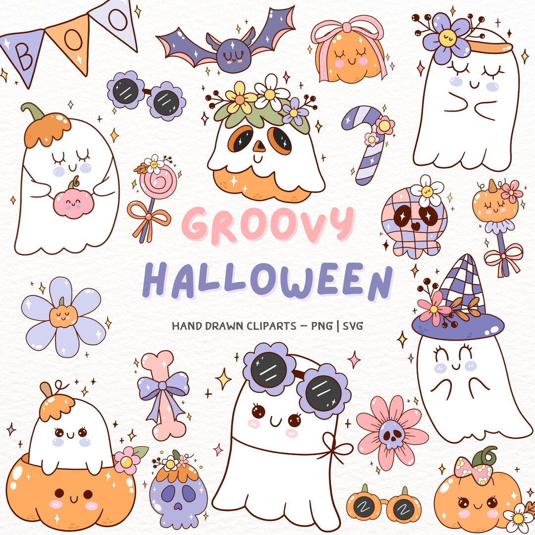 Groovy Halloween Clipart: Retro Ghost PNG, Hippie Flower (digital ...