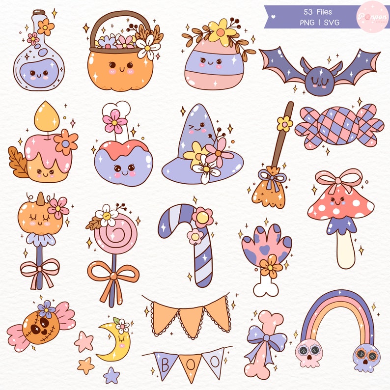 Groovy Halloween Clipart: Retro Ghost PNG, Hippie Flower (digital ...