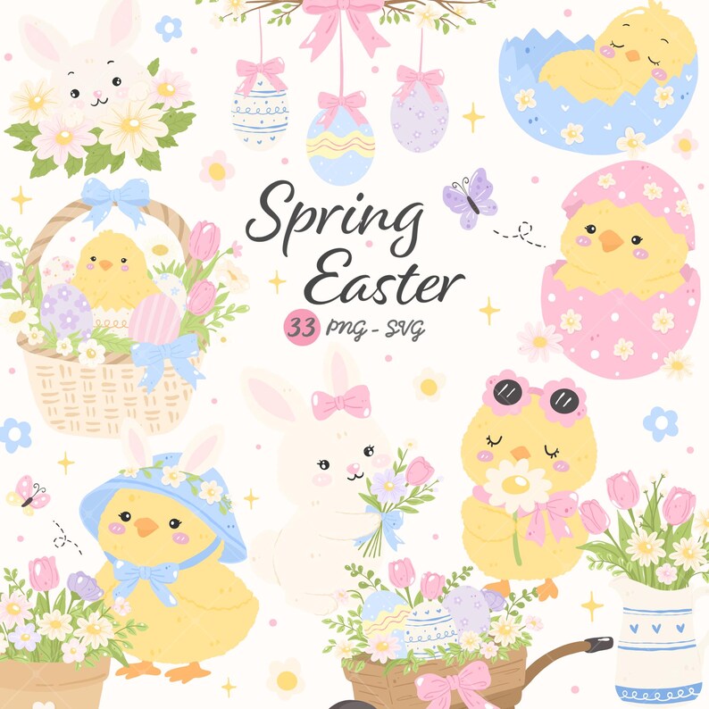 Pastel Spring Easter Clipart - Chick & Bunny Clipart PNG - Etsy