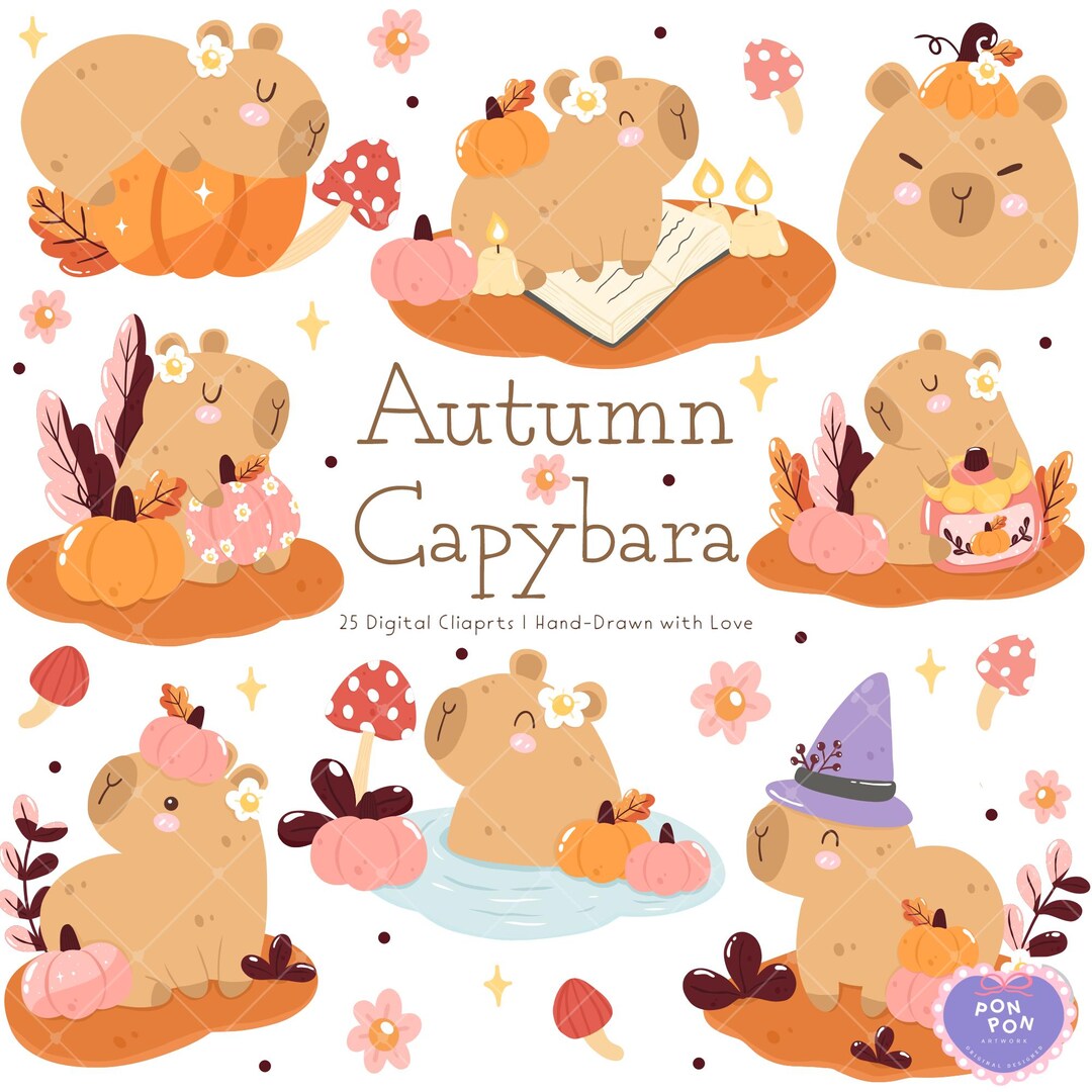 Autumn Capybara Clipart Set | Cute Fall Pumpkin Capybara | Cozy Autumn ...