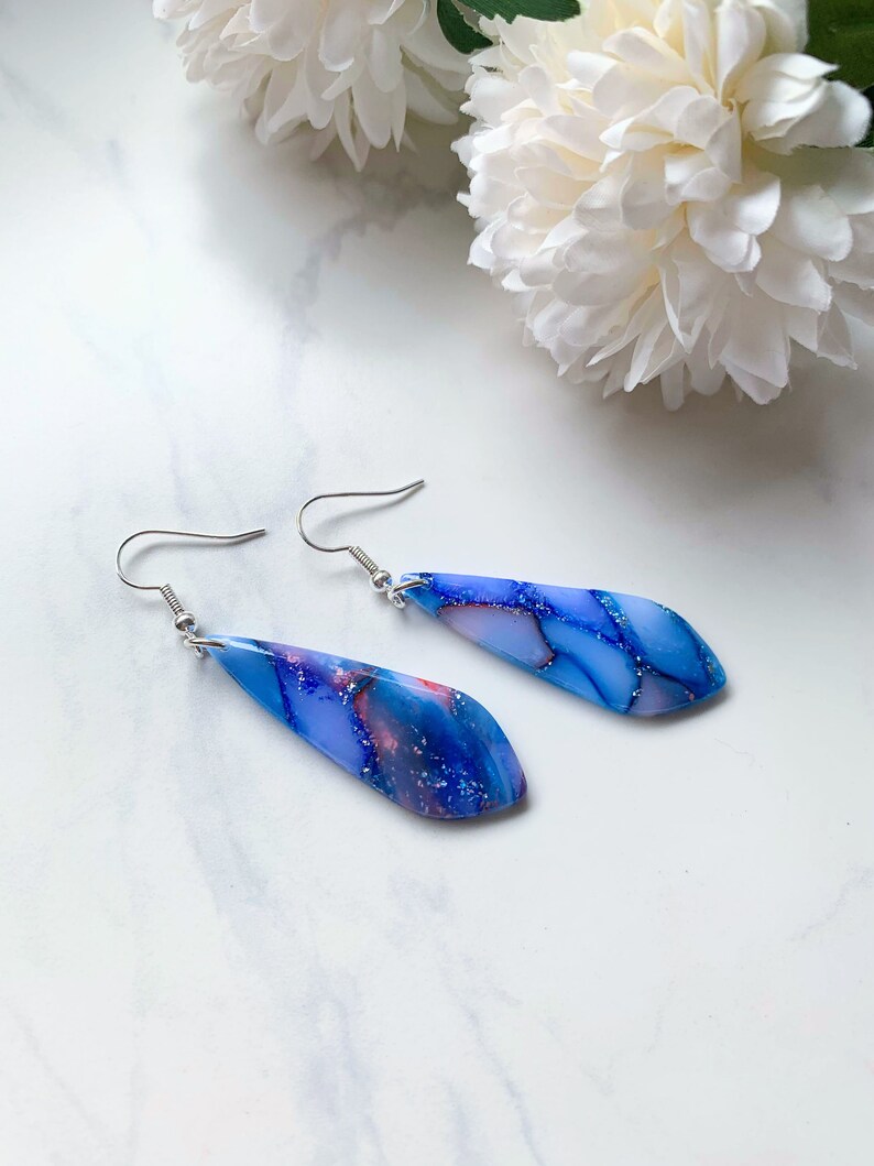 Blue & Coral Marbled Long Diamond Polymer Clay Dangle Earrings Hook ...