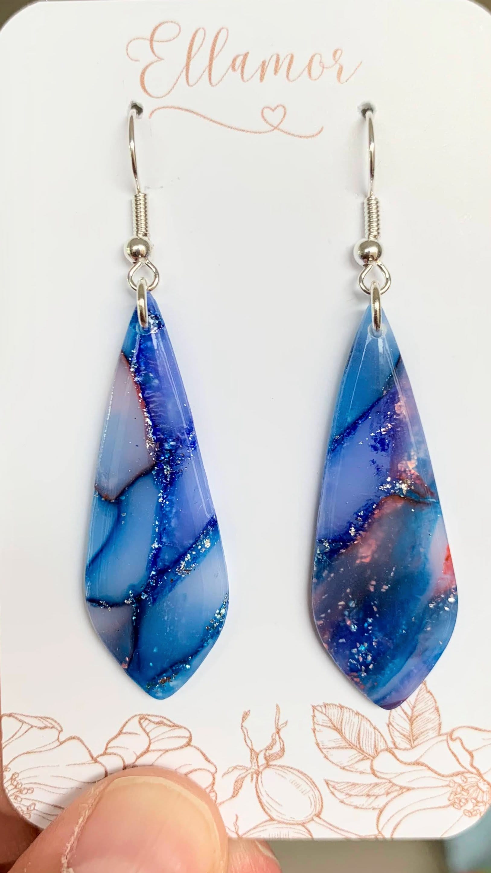 Blue & Coral Marbled Long Diamond Polymer Clay Dangle Earrings Hook ...