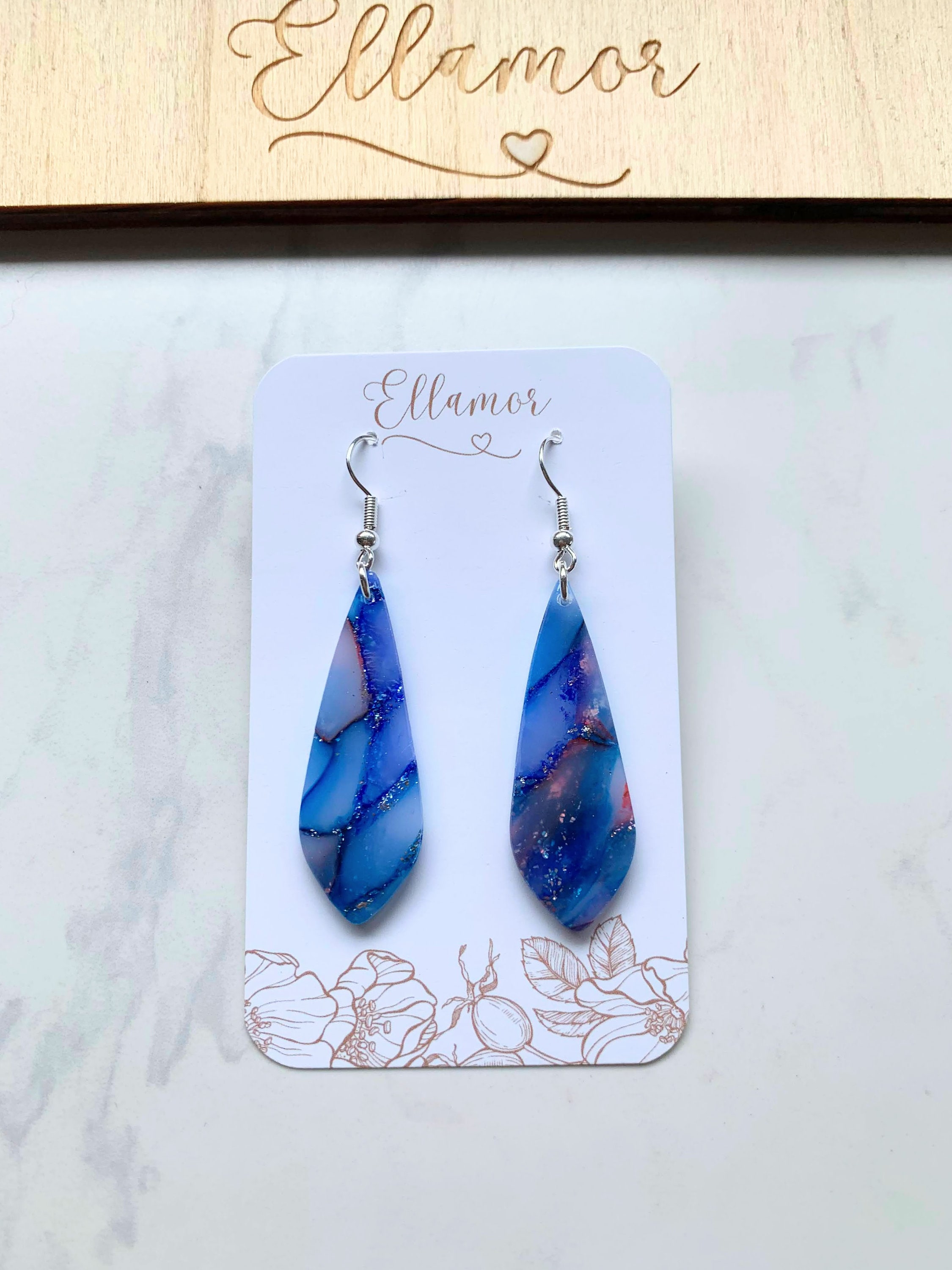 Blue & Coral Marbled Long Diamond Polymer Clay Dangle Earrings Hook ...