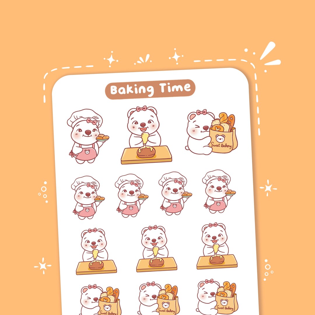 Cute Baking Time Sticker Sheet, Cute Kawaii Hand-drawn Bear Baker ...