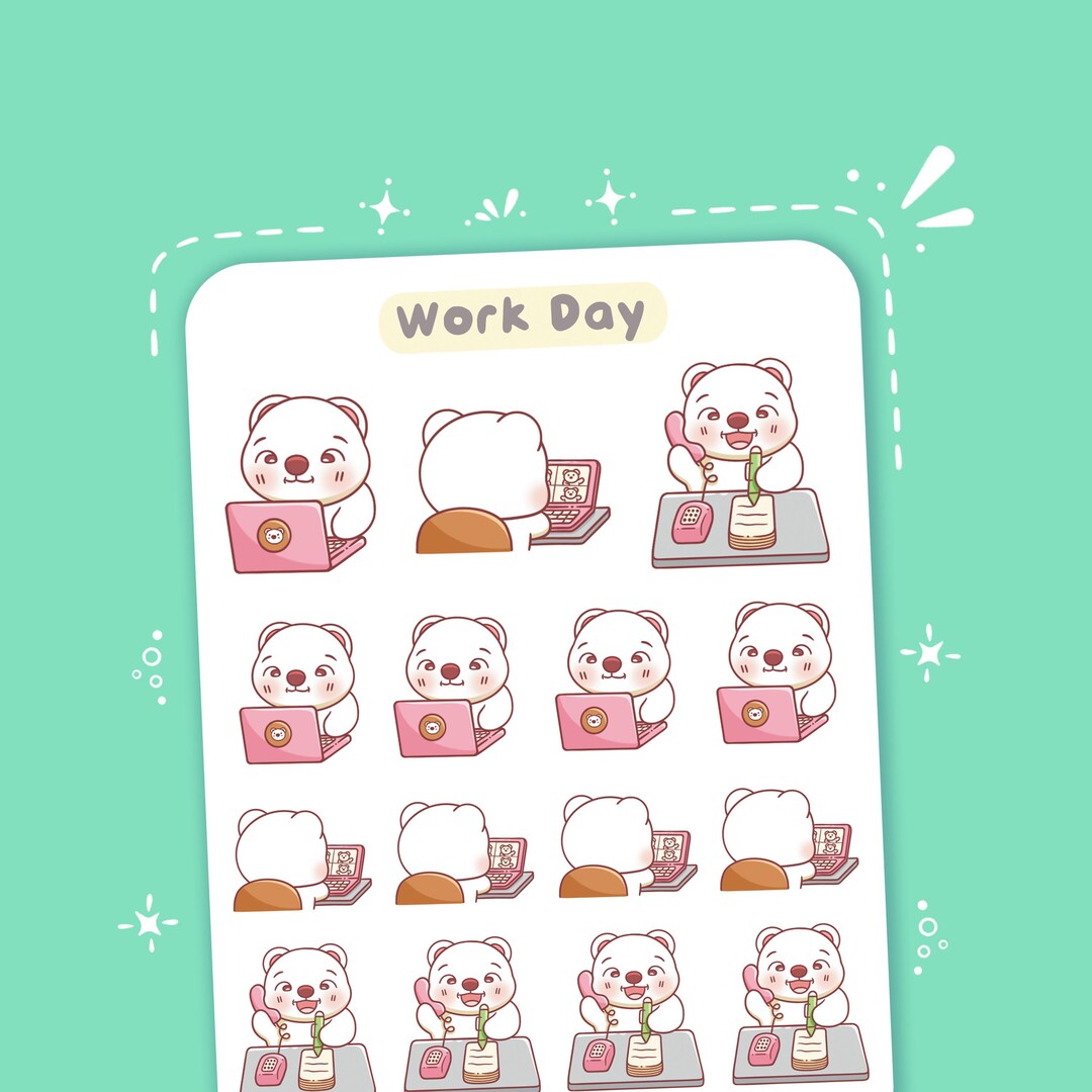 Cute Work Day Sticker Sheet, Kawaii Hand-drawn Working Bear Stickers ...
