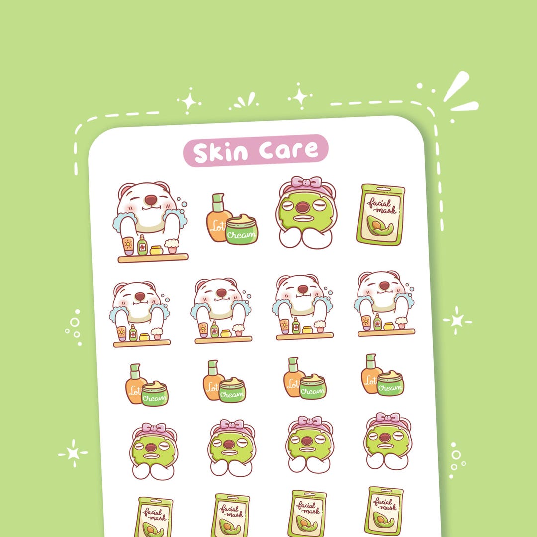 Cute Skin Care Sticker Sheet, Hand-drawn Kawaii Self-care Bear Stickers ...