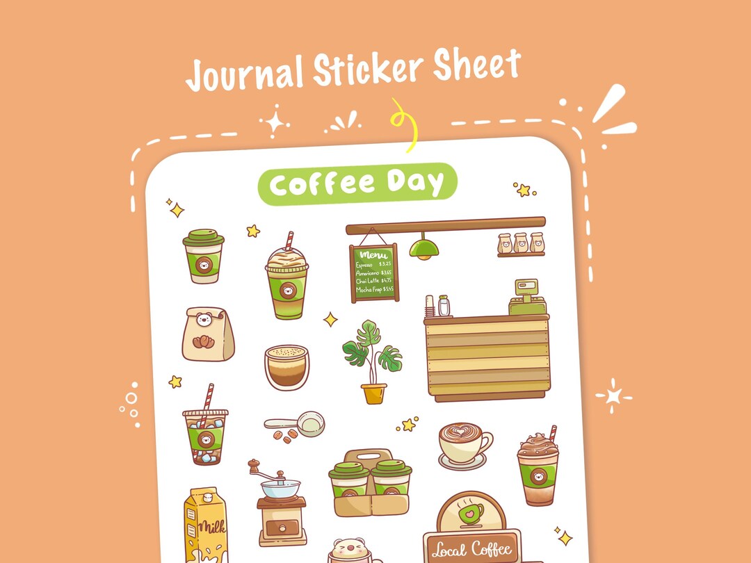 Coffee Day Sticker Sheet, Hand Drawn Cute Coffee Break Stickers for ...