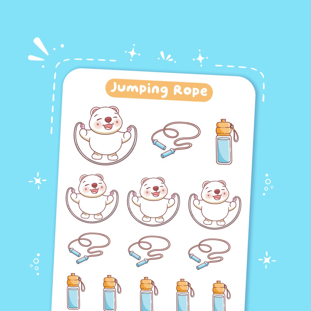 Cute Jump Rope Sticker Sheet, Kawaii Hand Drawn Bear Skipping Rope ...