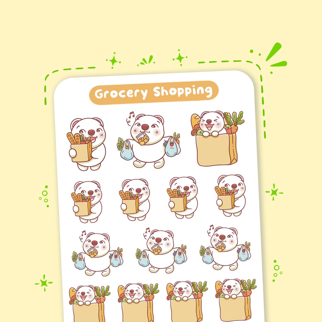 Cute Grocery Shopping Sticker Sheet, Kawaii Hand Drawn Bear Shopping ...