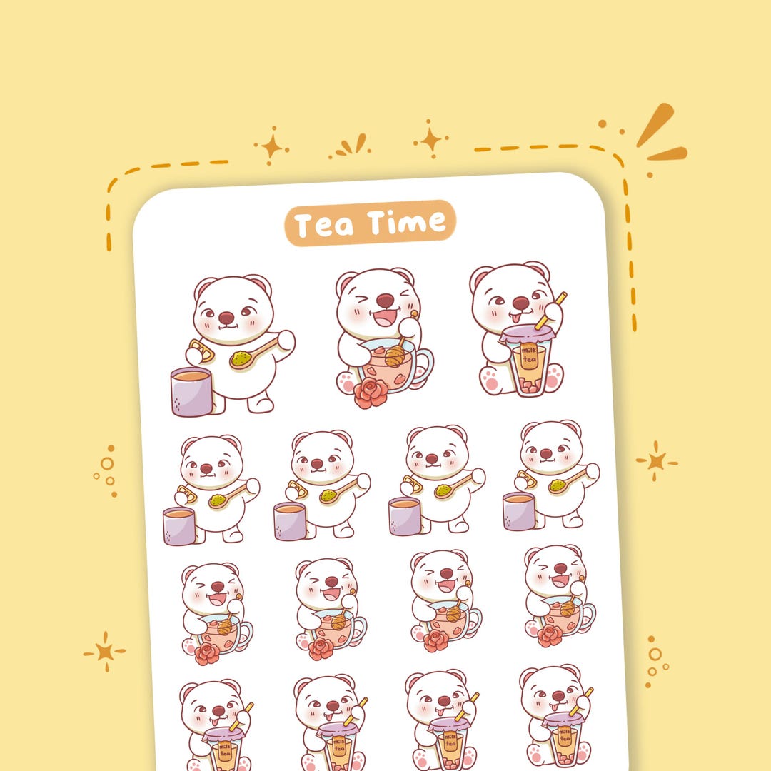Kawaii Tea Time Sticker Sheet, Cute Hand Drawn Bear Stickers for ...
