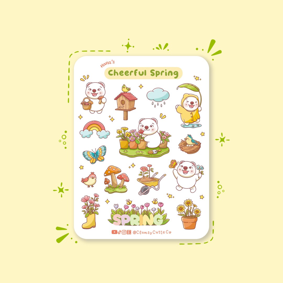 Cheerful Spring Sticker Sheet, Hand-drawn Cute Bear Stickers for ...