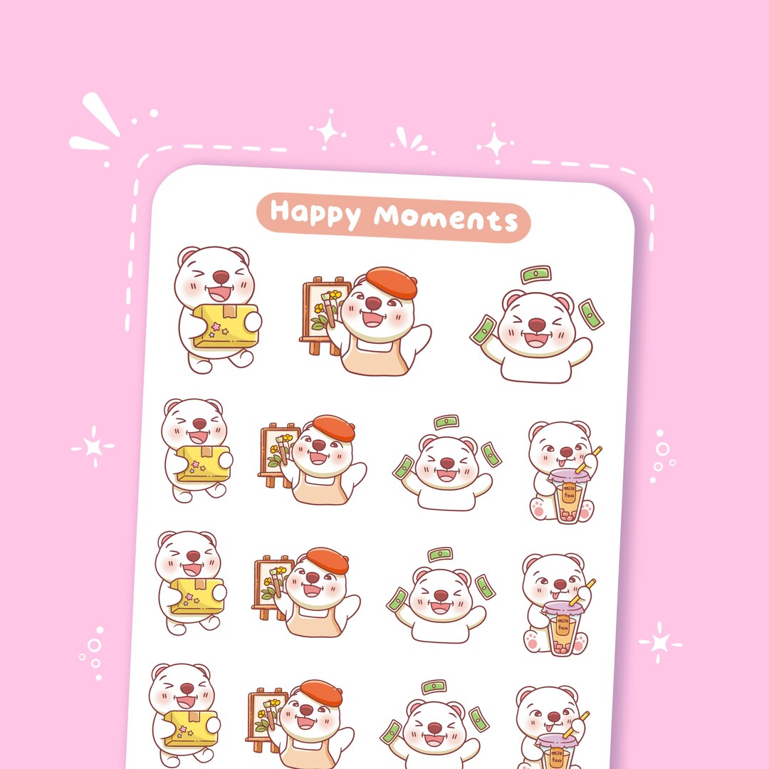 Happy Moments Sticker Sheet, Kawaii Hand Drawn Bear Positive Decals for ...