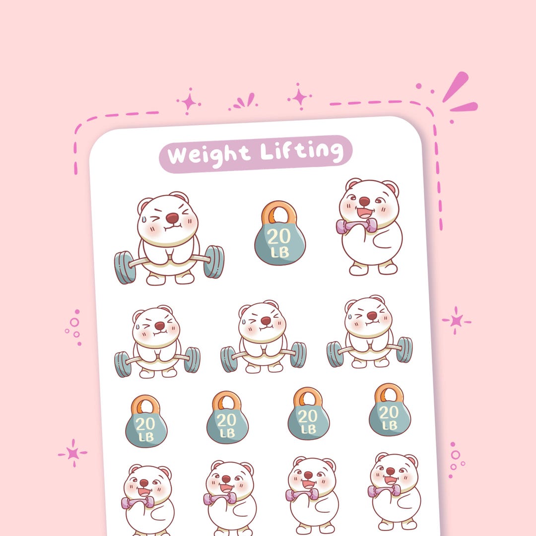 Kawaii Weight Lifting Sticker Sheet, Cute Hand Drawn Bear Workout ...