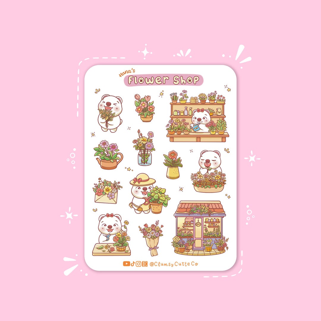 Flower Shop Sticker Sheet, Cute Hand Drawn Bear Floral Stickers for ...