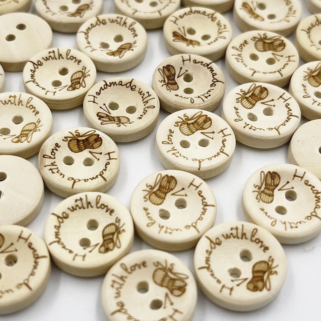 Natural Wooden Handmade With Love Buttons With Ball of Wool 15/20/25mm ...