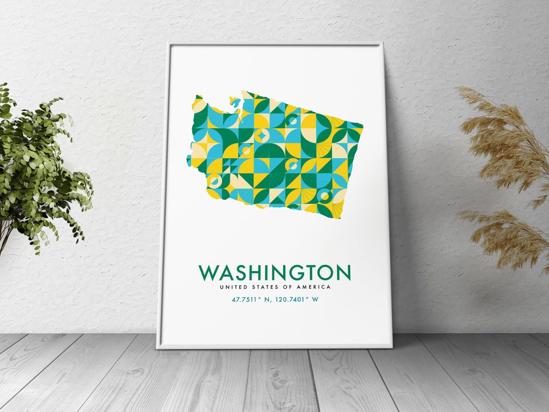 Washington Map Print Modern Style, Washington Geometric Map Wall Art ...