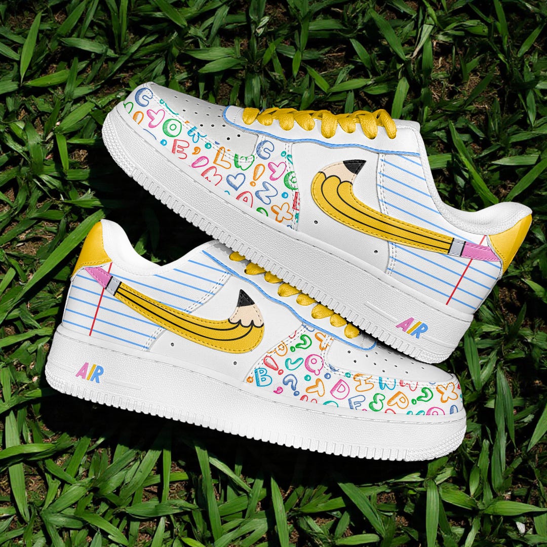 Custom Pencil & Notebook Paper Af1 Sneakers, White Shoes With Yellow ...