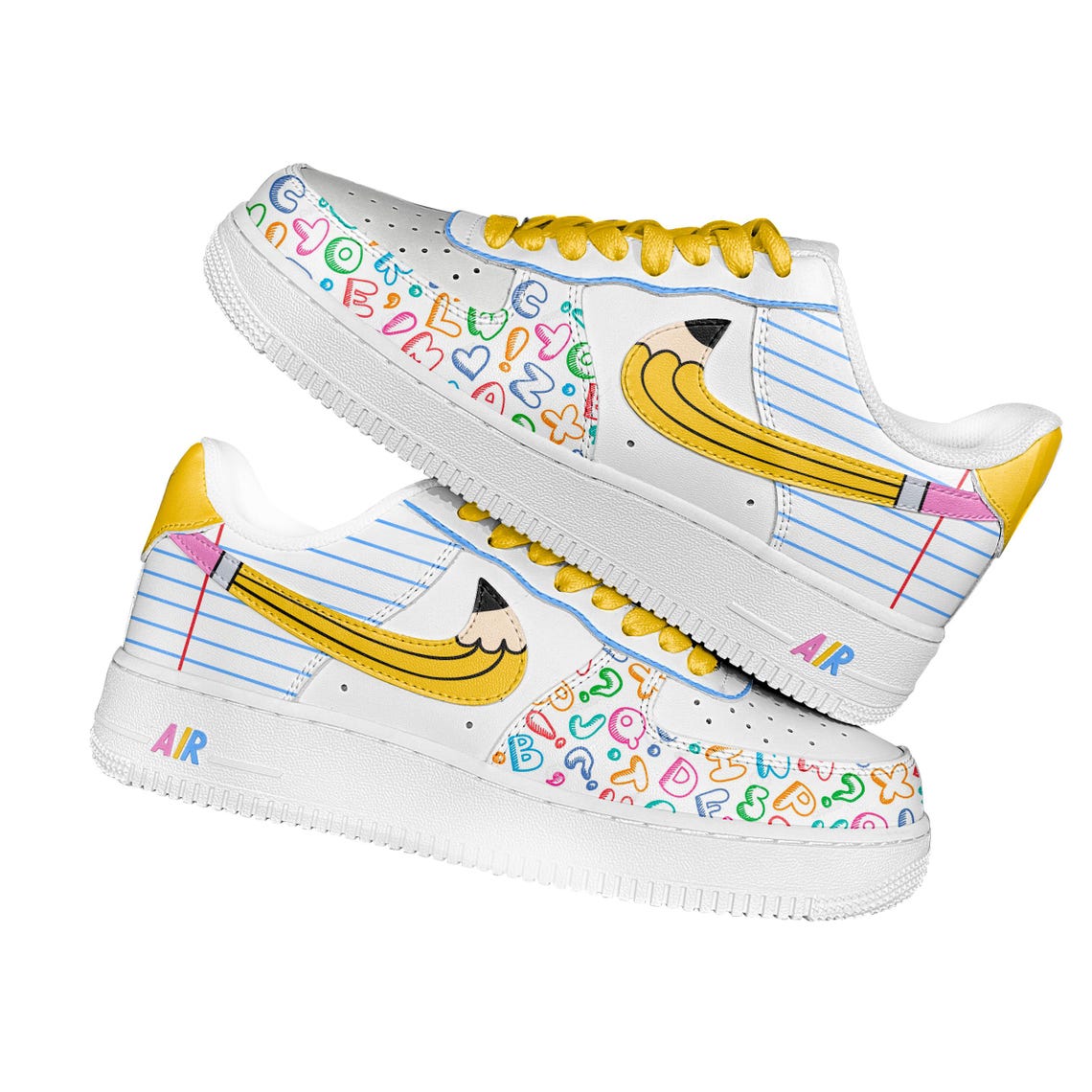 Custom Pencil & Notebook Paper Af1 Sneakers, White Shoes With Yellow ...