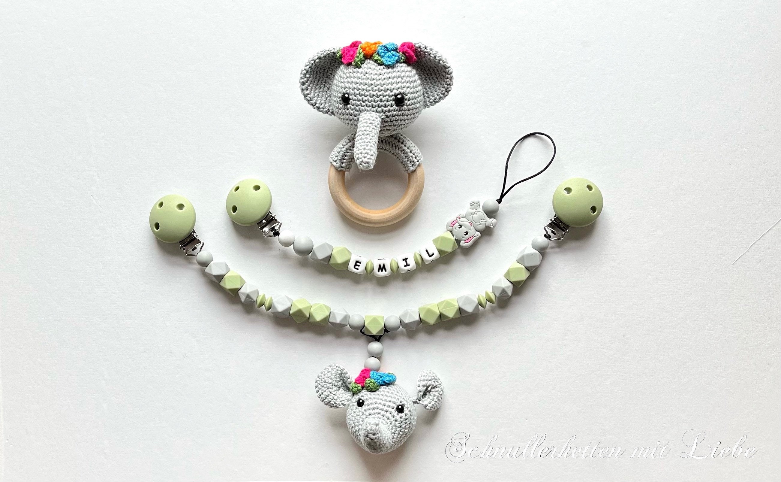 Elephant Set Made of Crocheted Elephant Stroller Chain, Pacifier Chain ...