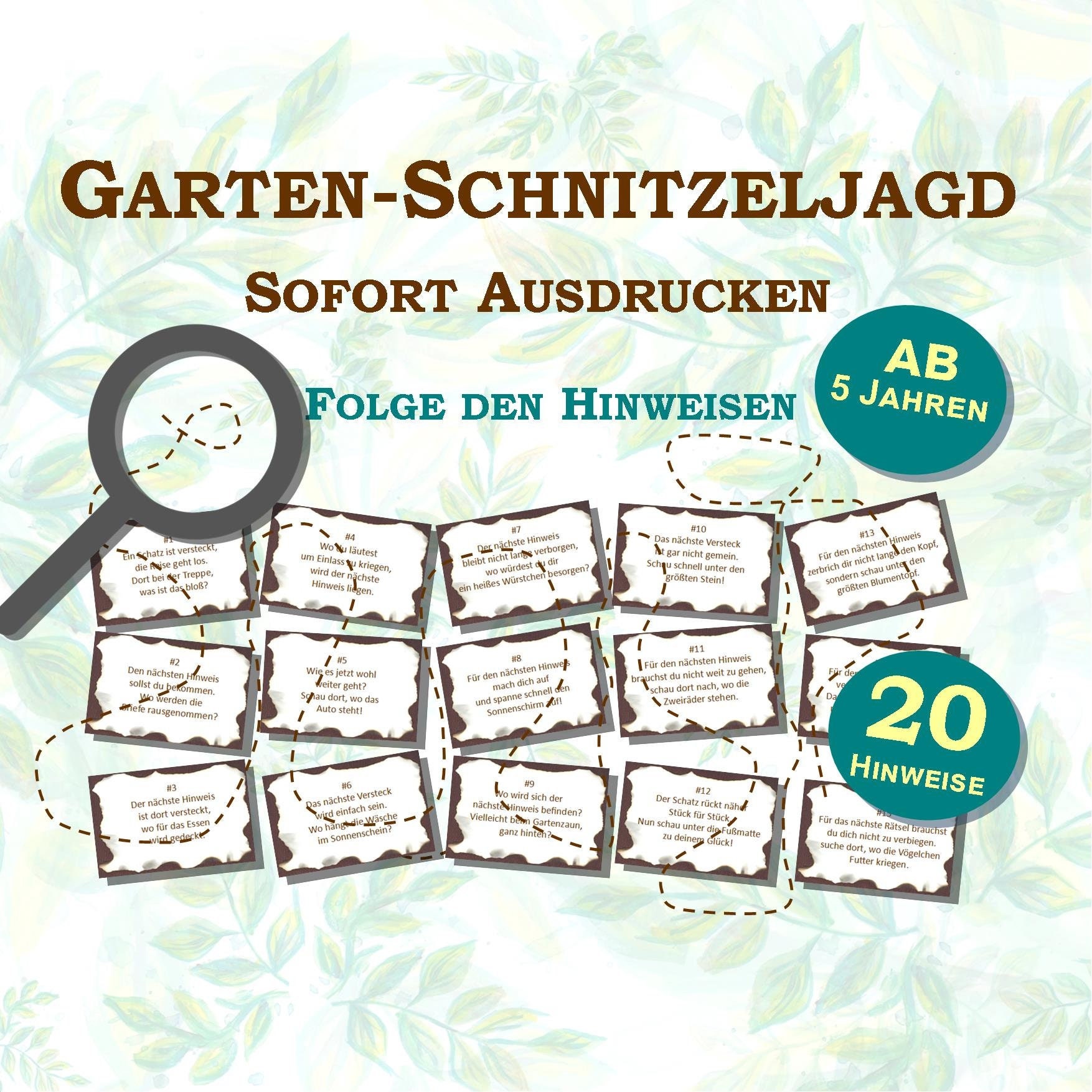 Outdoor Schnitzeljagd für den Garten mit 20 Hinweisen für Kinder ab 5 Jahren z.B. zum Geburtstag ...