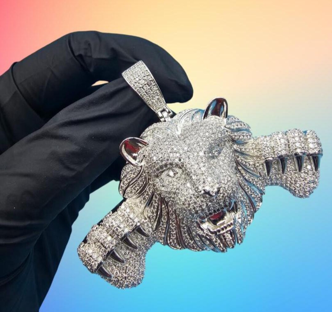 Iced Out Lion Head Pendant – Moissanite Hip Hop Necklace, Silver Tone ...