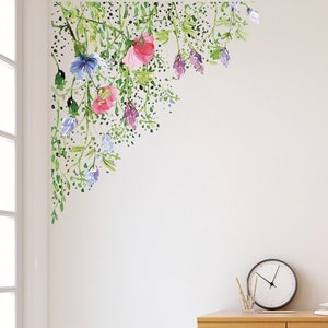2x Flower Wall Decal Corners - Easy Peel and Stick Watercolour Floral ...