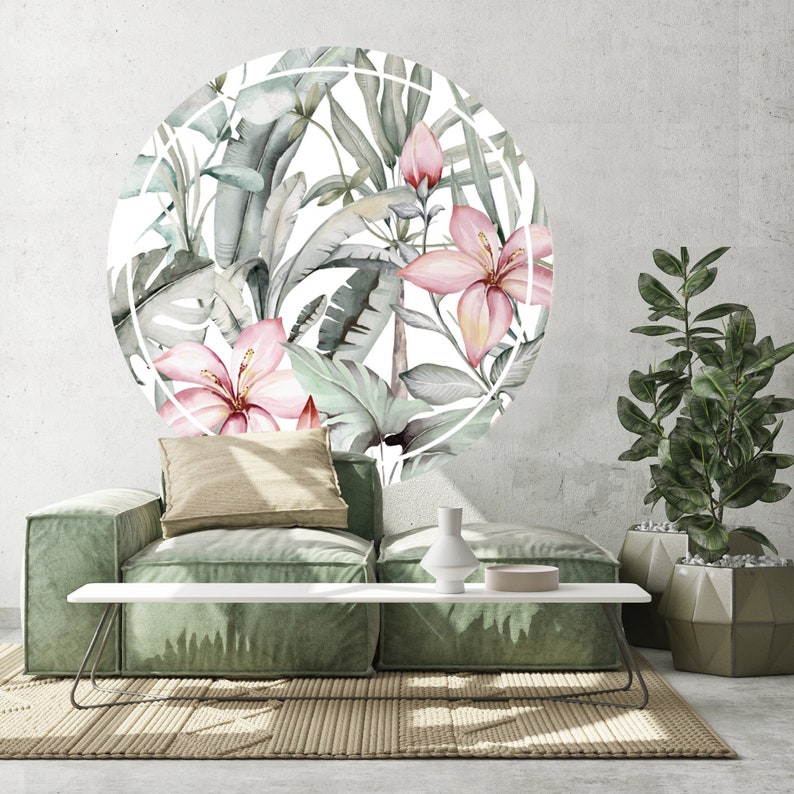 Tropical Green Leaves and Pink Flower Circle Wall Decal Sticker by ...