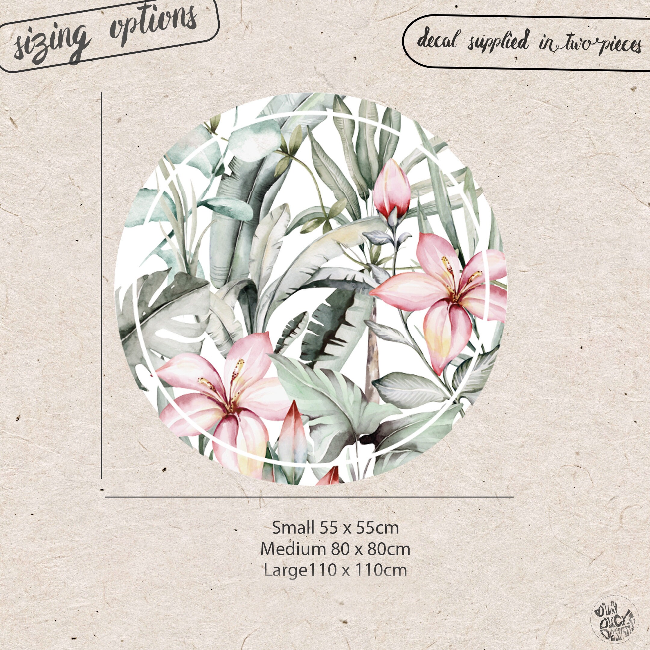 Tropical Green Leaves and Pink Flower Circle Wall Decal Sticker by ...