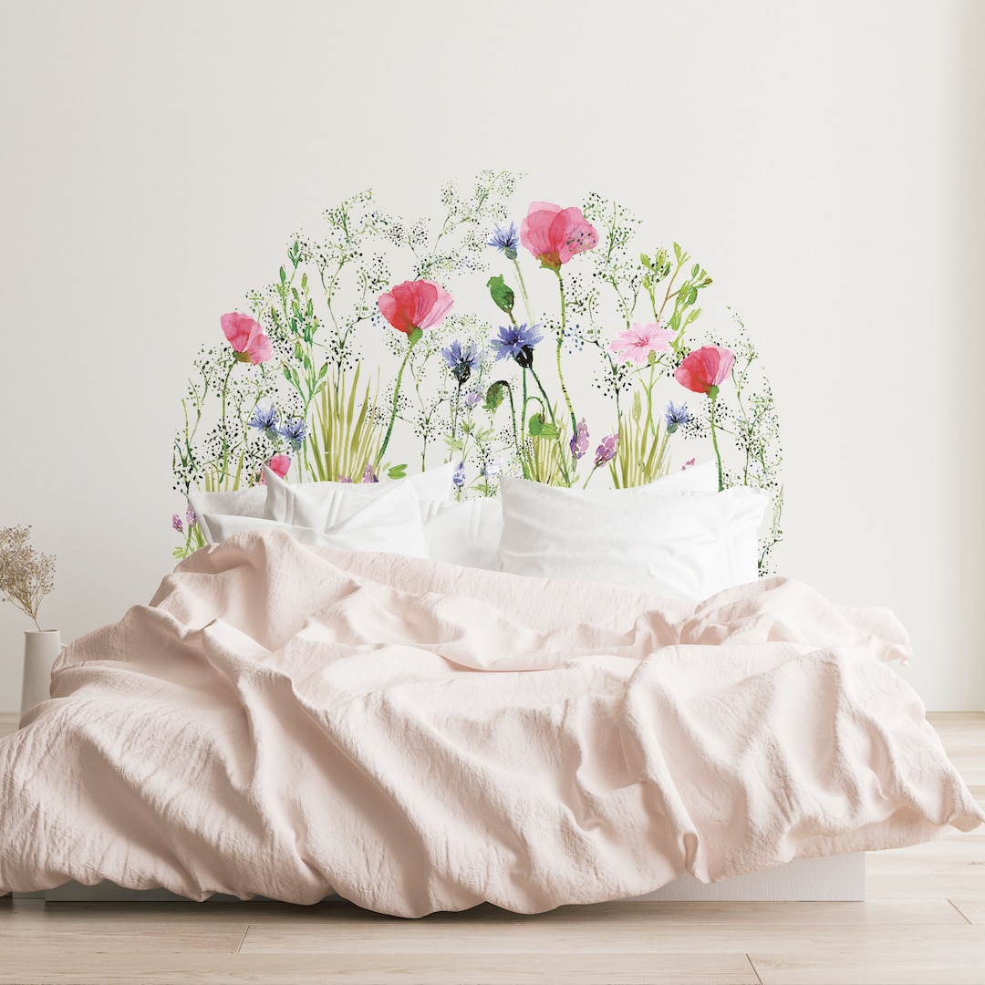 Watercolour Meadow Headboard Wall Decal - Pink Blue Flower Botanical ...