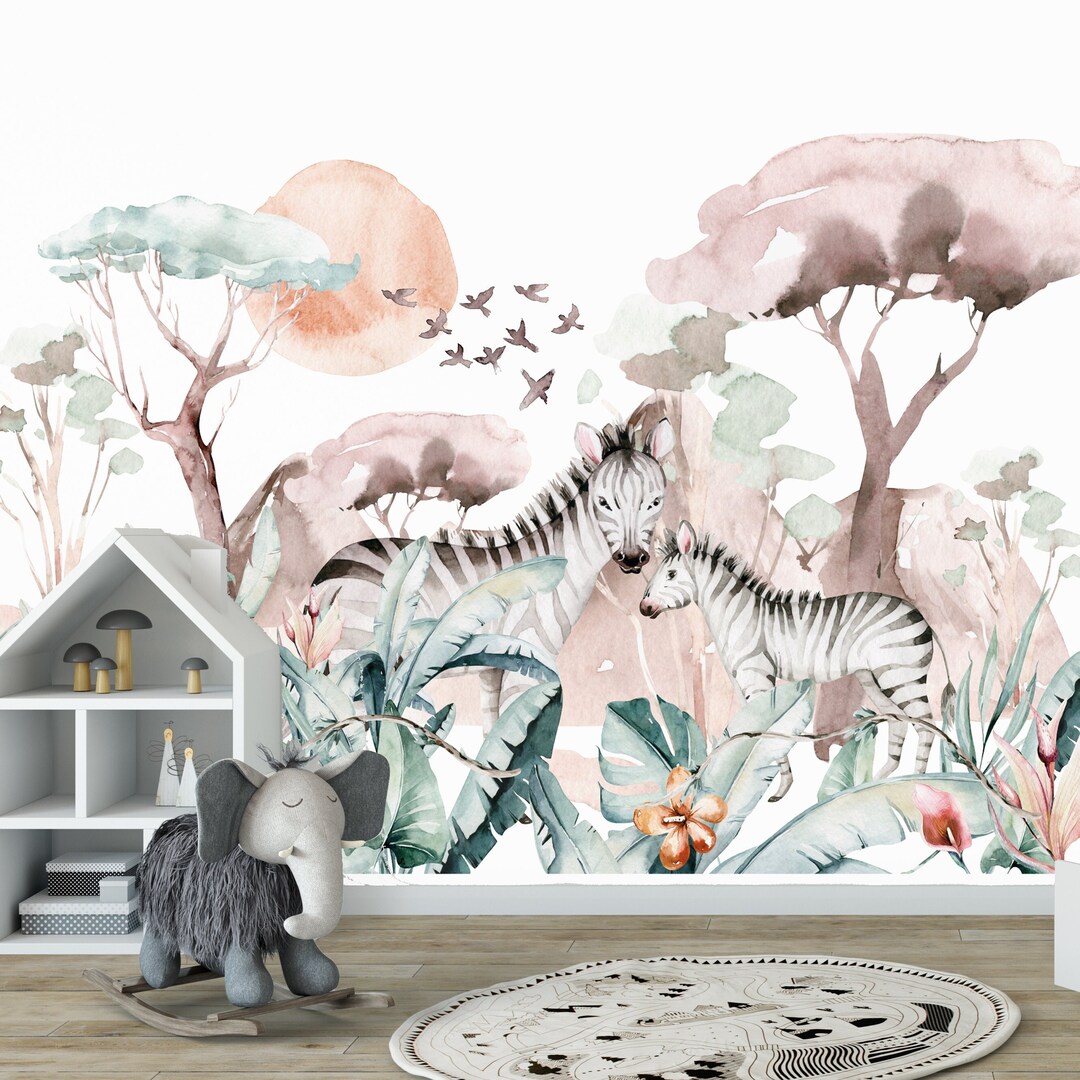 Zebra Safari Animal Wall Mural Decal - Africa Savanna Large Wall ...