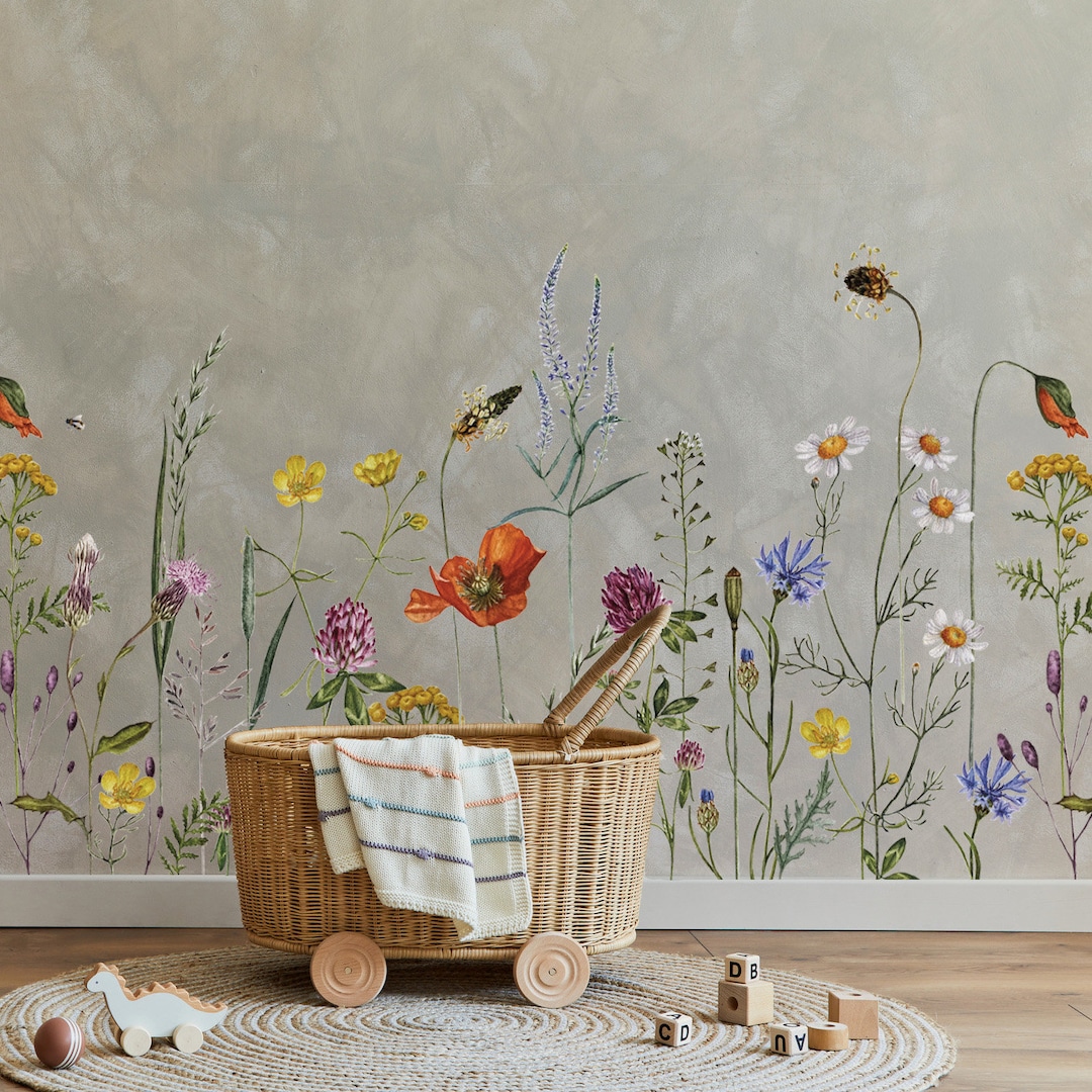 Botanical Meadow Flower Wall Decal Border - Easy to Apply Peel and ...