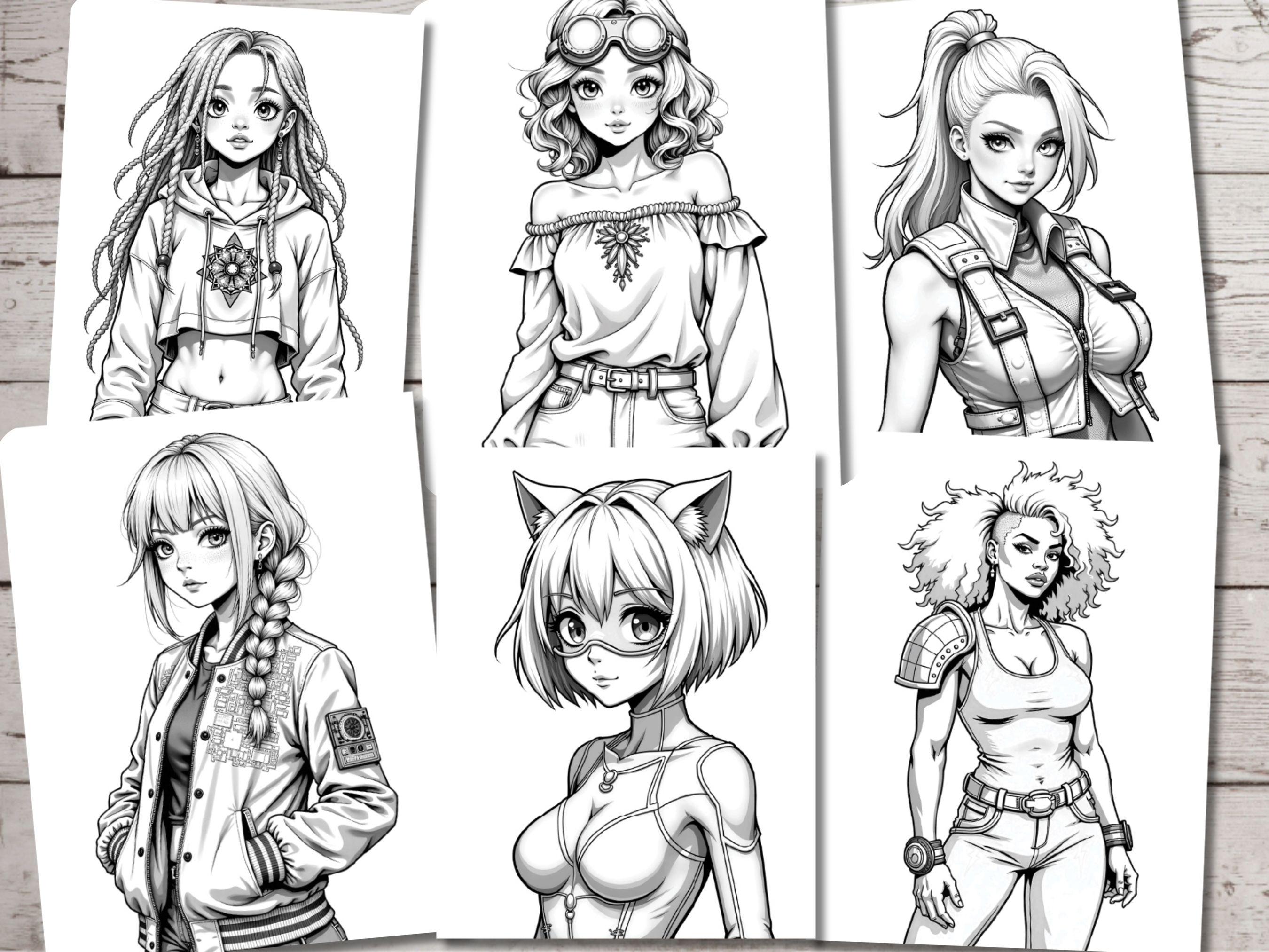 Anime Cyberpunk Girls Coloring Book: 40 Grayscale Pages (printable PDF ...