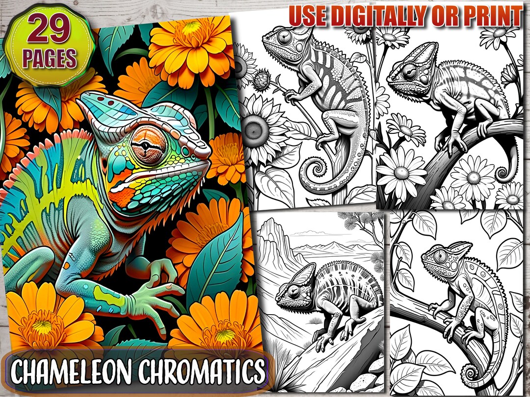 Chameleon Coloring Pages: Flowers & Serpents Grayscale Art (printable ...