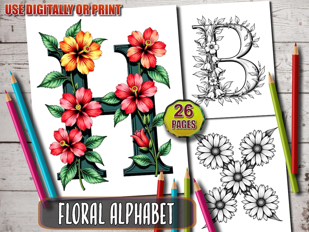 Floral Alphabet Coloring Book: A-Z Printable Pages (PDF Download - Etsy