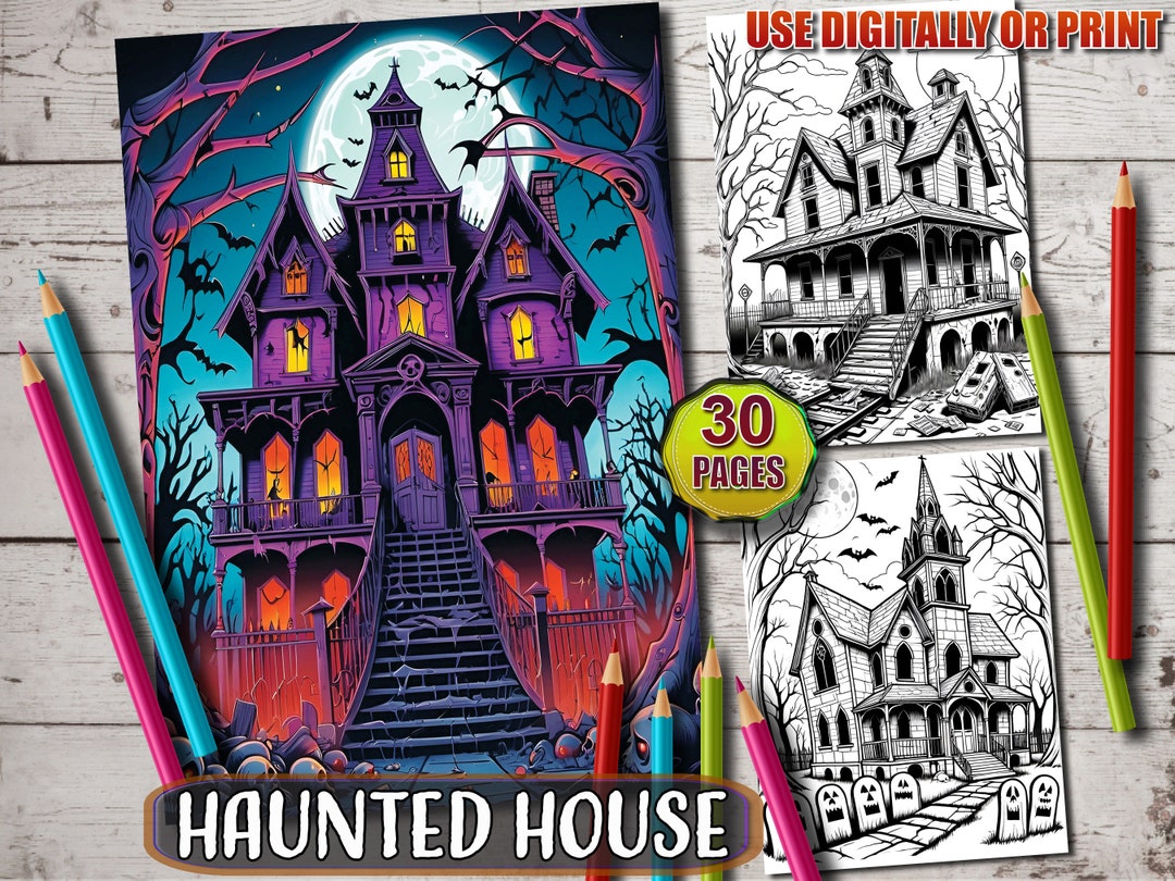 Haunted House Coloring Book, Printable Gothic Spooky Houses Coloring ...