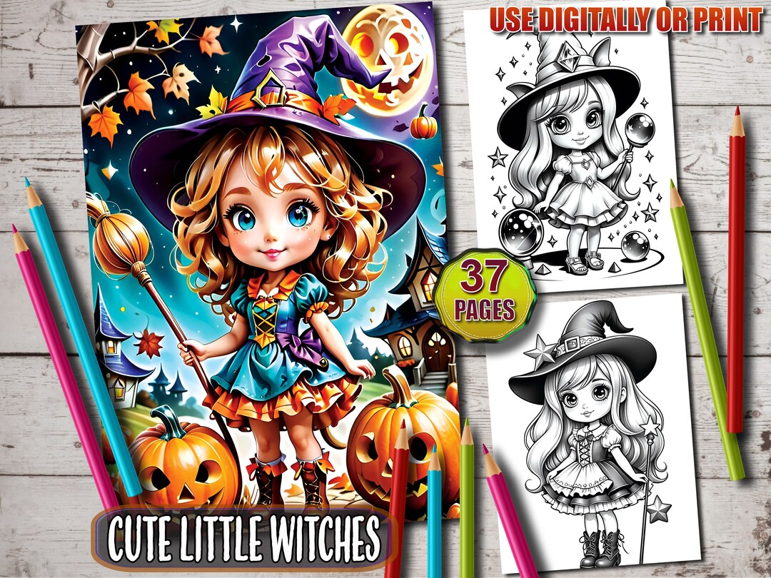 Cute Little Witches Coloring Page, Cute Witches Coloring Book, Adorable ...