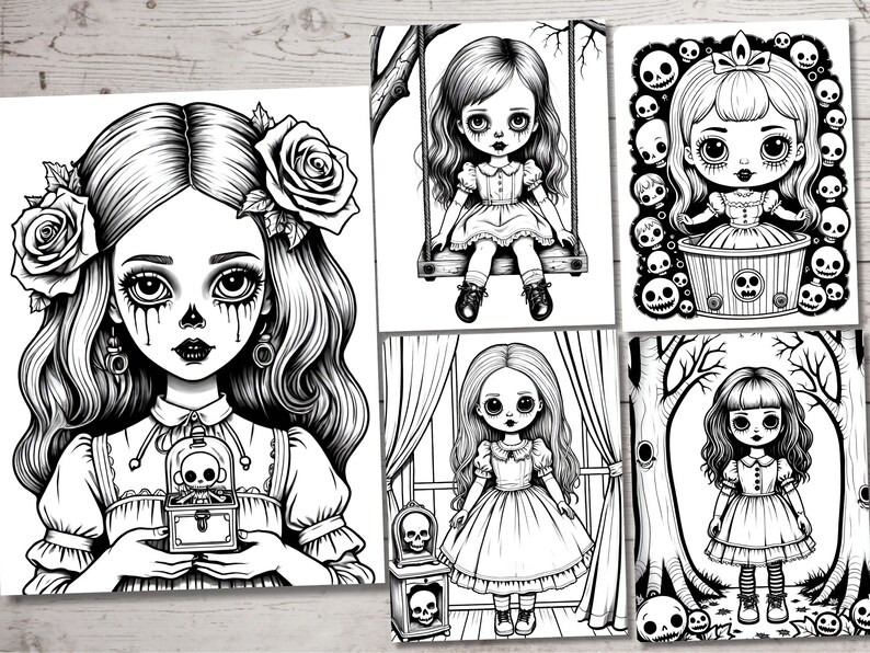 Creepy Doll Coloring Book, Printable Gothic Spooky Dolls Coloring Pages ...