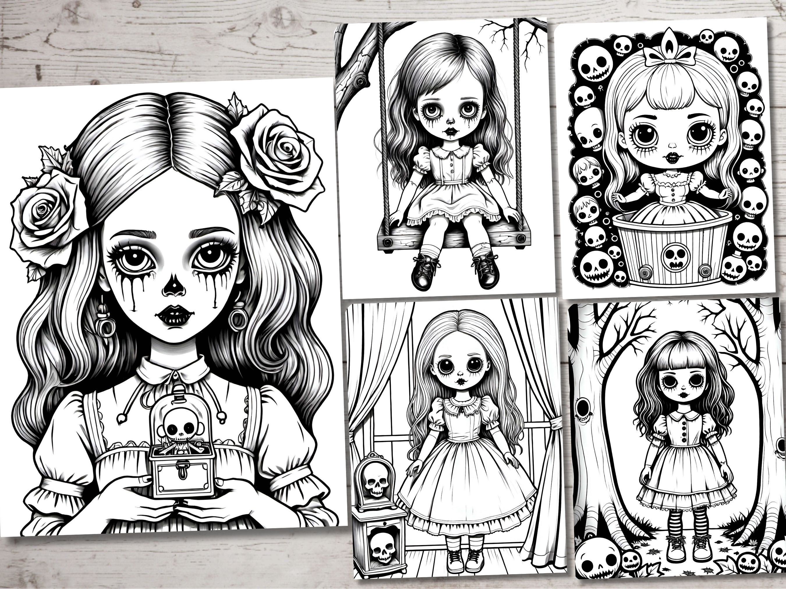 Creepy Doll Coloring Book, Printable Gothic Spooky Dolls Coloring Pages ...