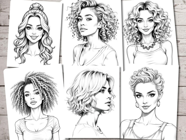 Grayscale Curly Hair Coloring Book: Women's Hairstyles (printable PDF ...